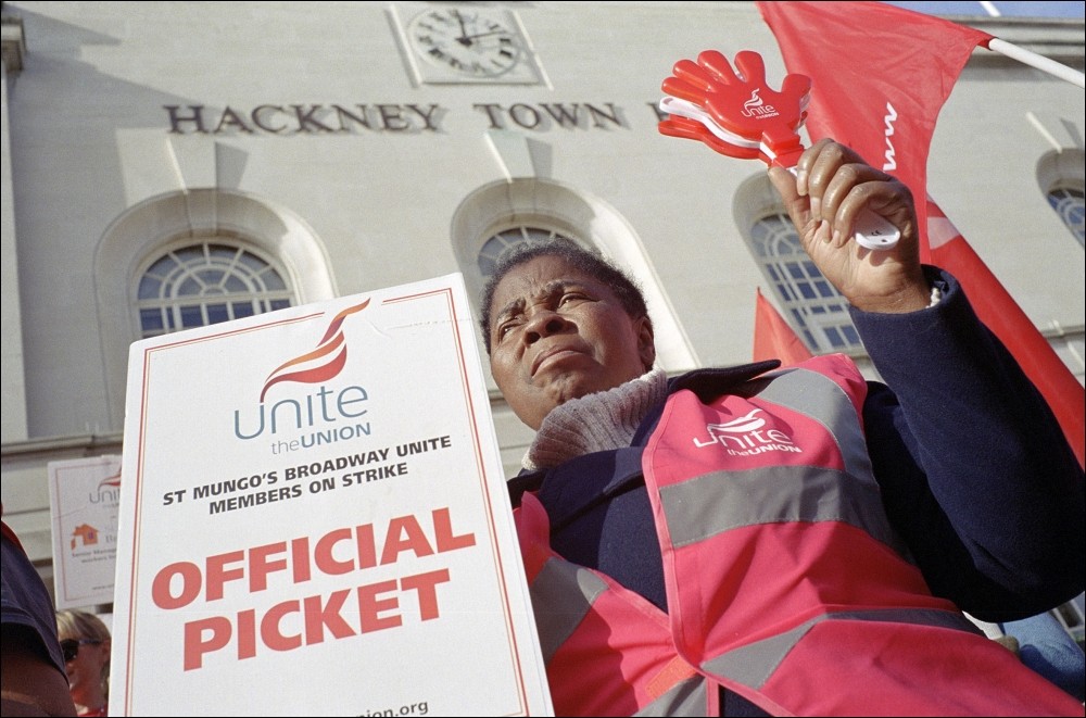 Workers at homelessness charity St Mungo's on strike, London, 17 March ...