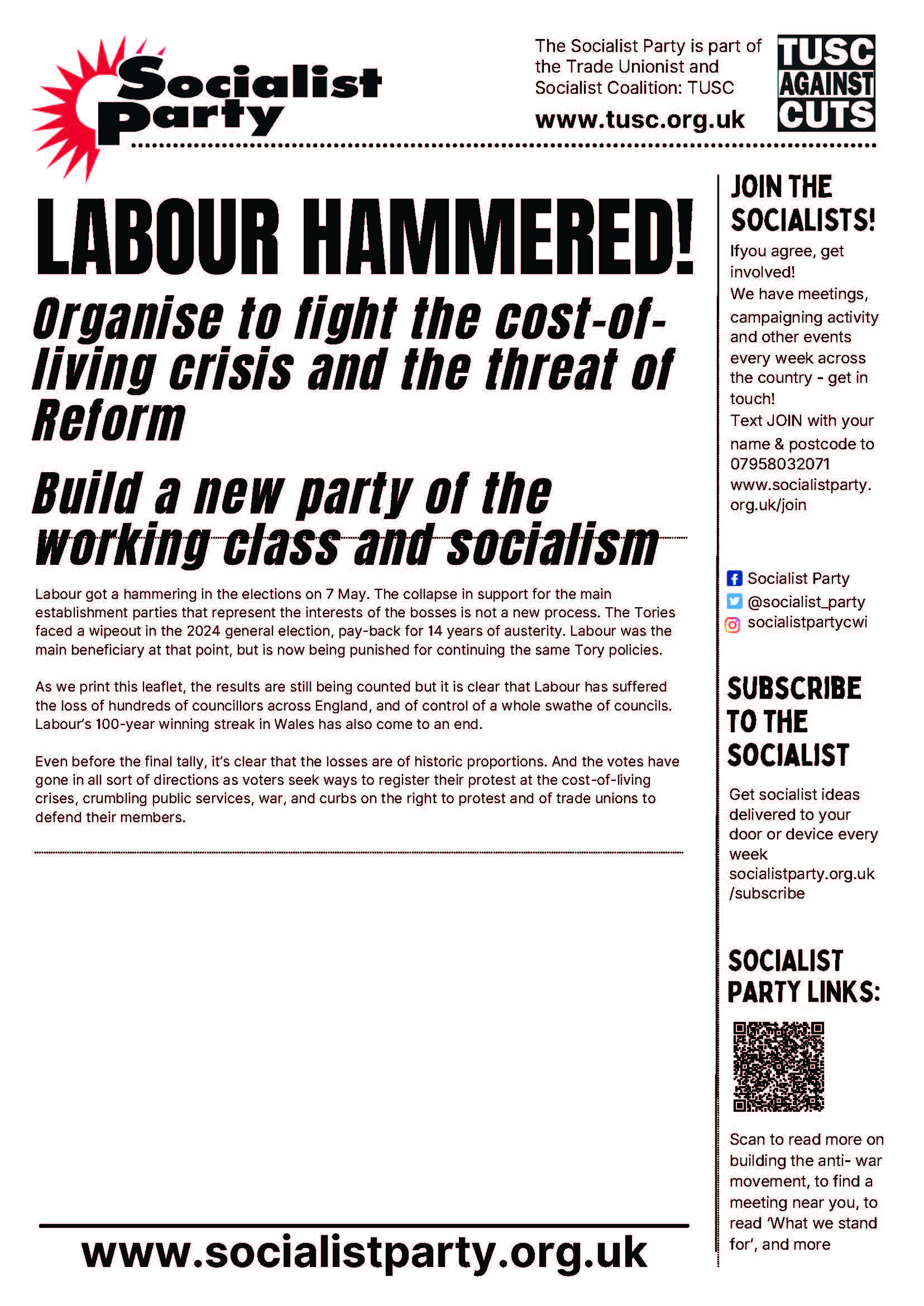 Socialist Party leaflet: Labour hammered in the elections - Socialist Party